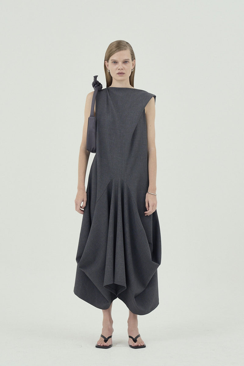 Twisted shoulder strap structured draping midi dress – GOEN.J